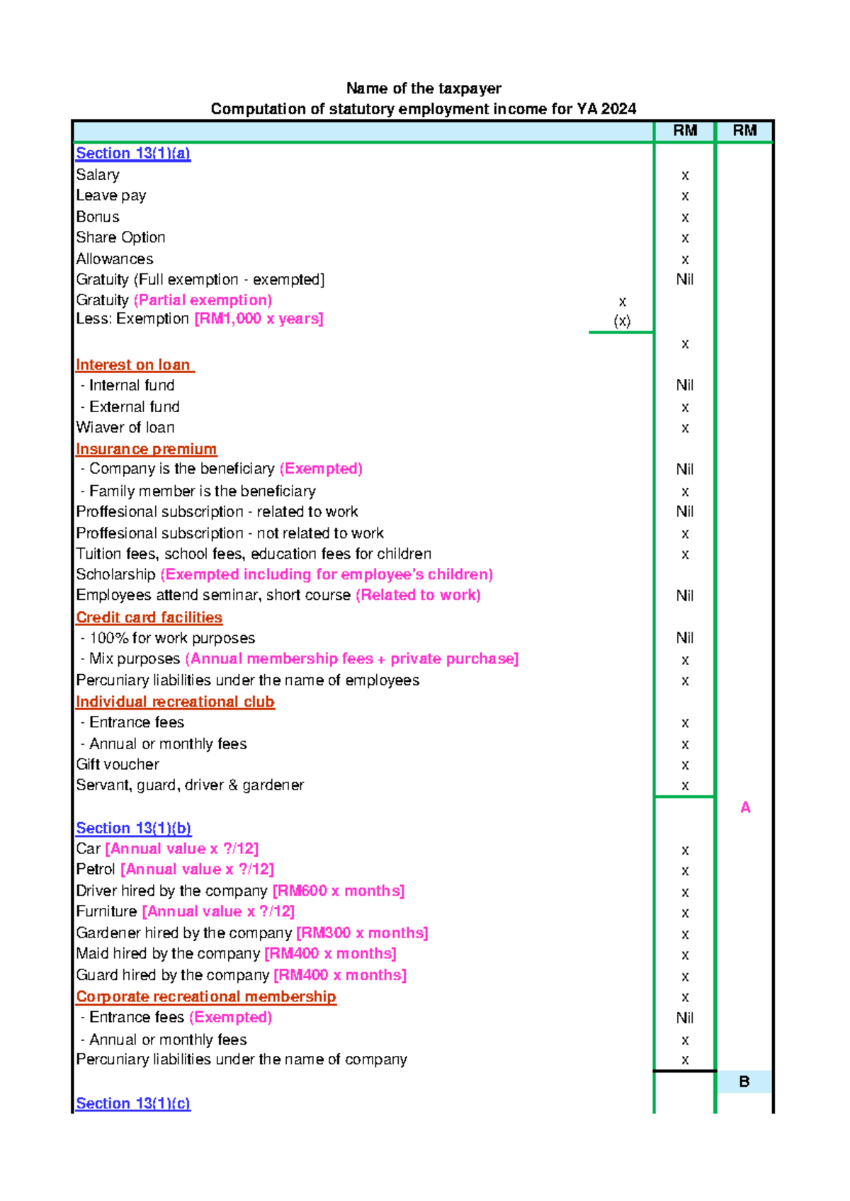 Computation of Statutory Employment Income for YA 2024 RM - Studocu