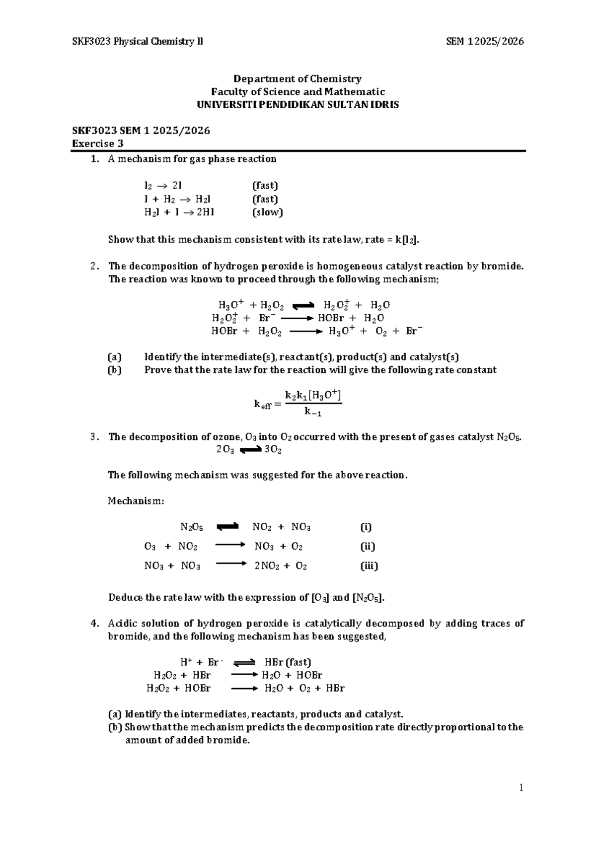 Exercise 3 Solutions for SKF3023 Physical Chemistry II SEM 1 - Studocu