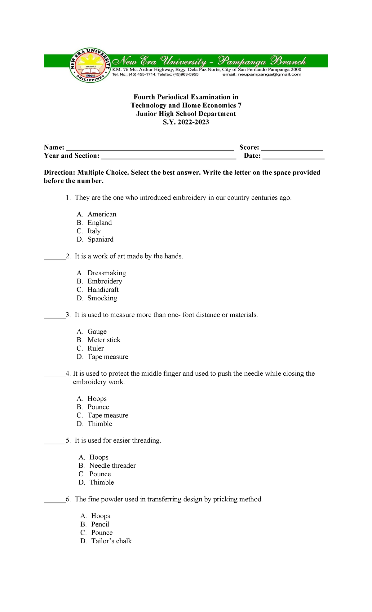TLE7 Fourth Periodical Exam in Technology and Home Economics - Studocu