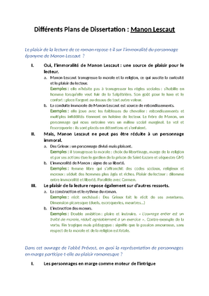 Manon Lescaut - Synthèse de cours pour aider à faire des dissertation - Manon Lescaut de L’abbé ...