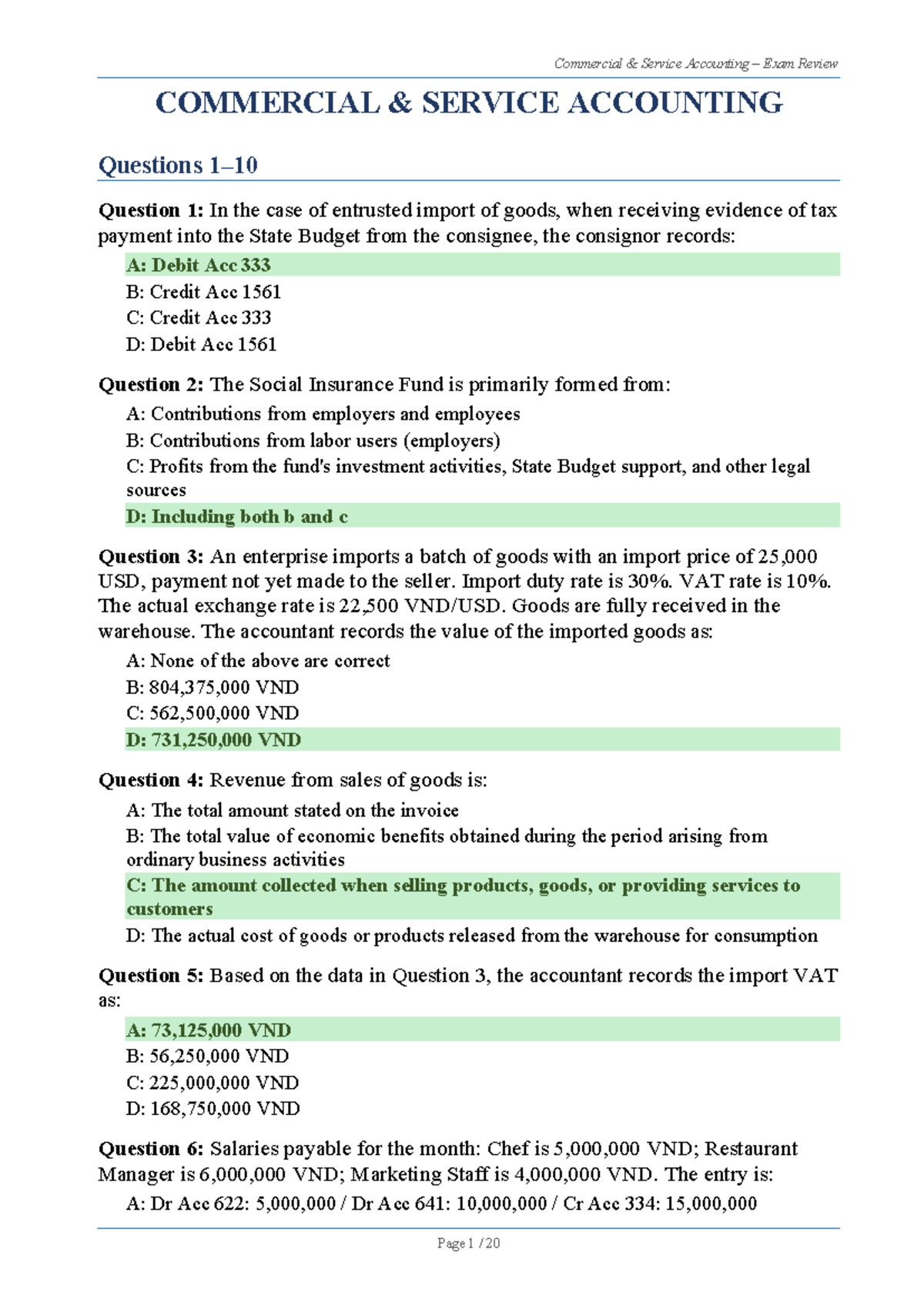 Commercial Service Accounting Exam Review - Key Questions and Answers ...