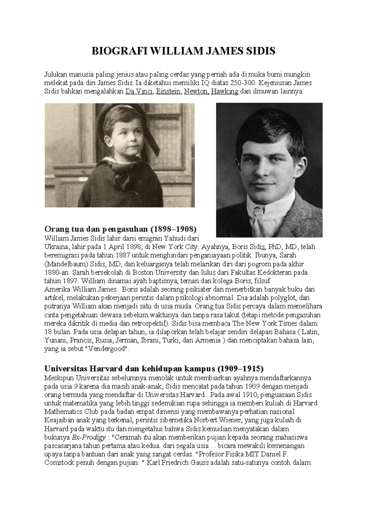 Biografi William James Sidis: Jenius yang Terlupakan - Studocu