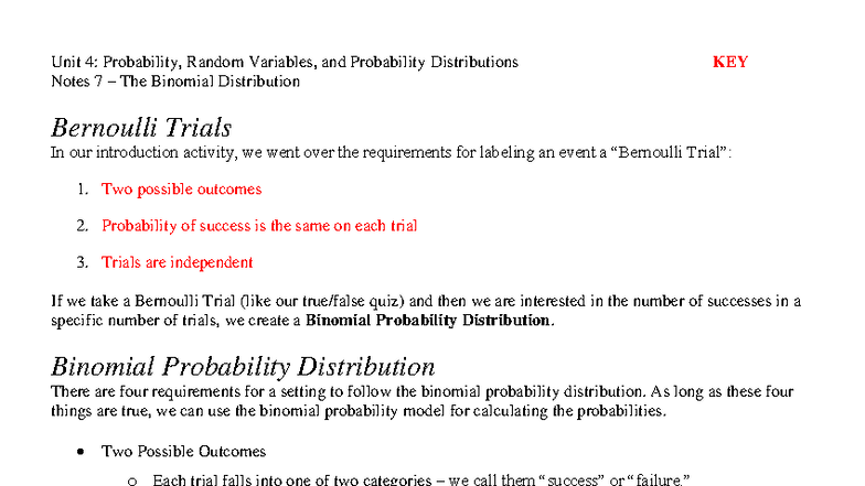 Unit 4: Probability & Binomial Distribution Notes (KEY) - Studocu