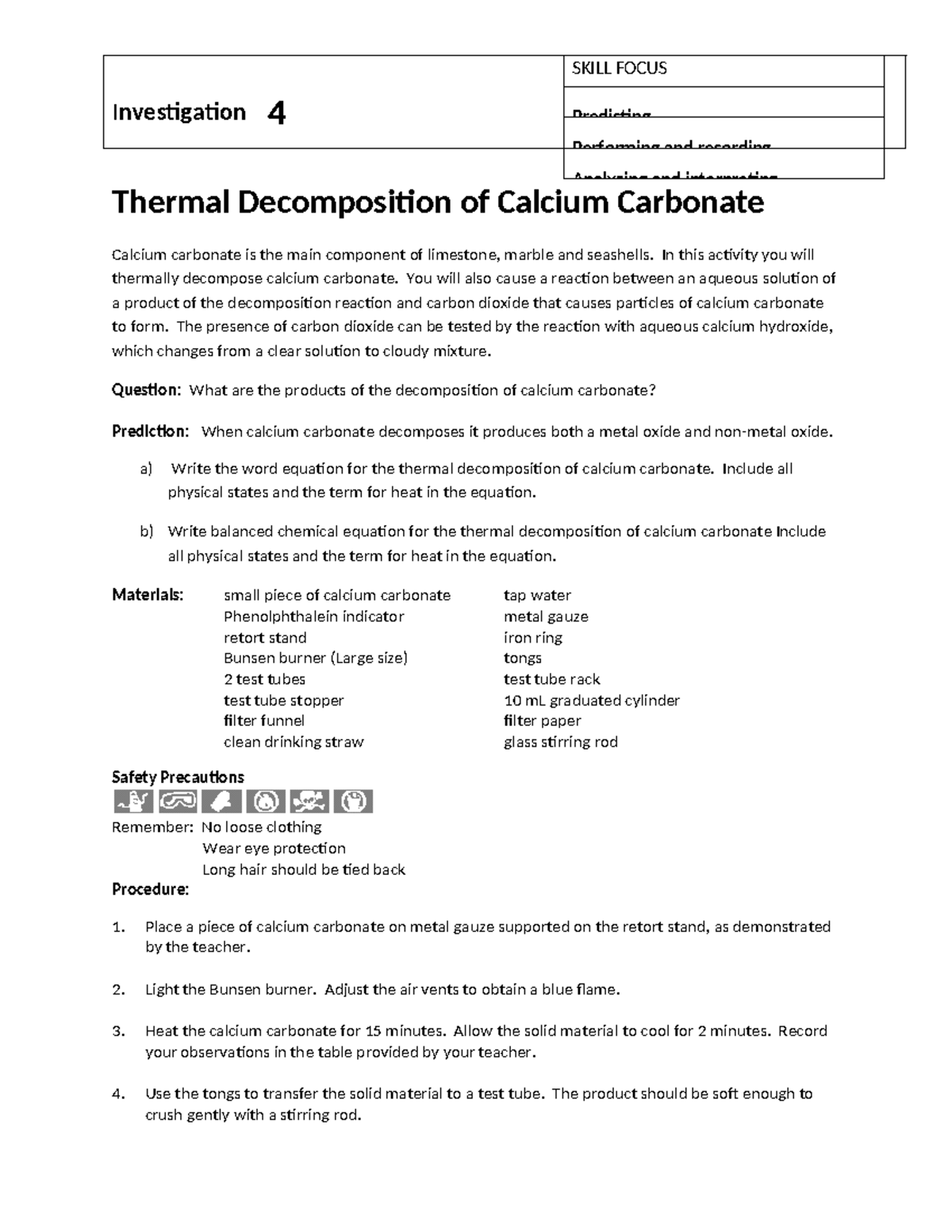 Unit 2 - Activity 9 Lab Report: Thermal Decomposition of CaCO3 - Studocu