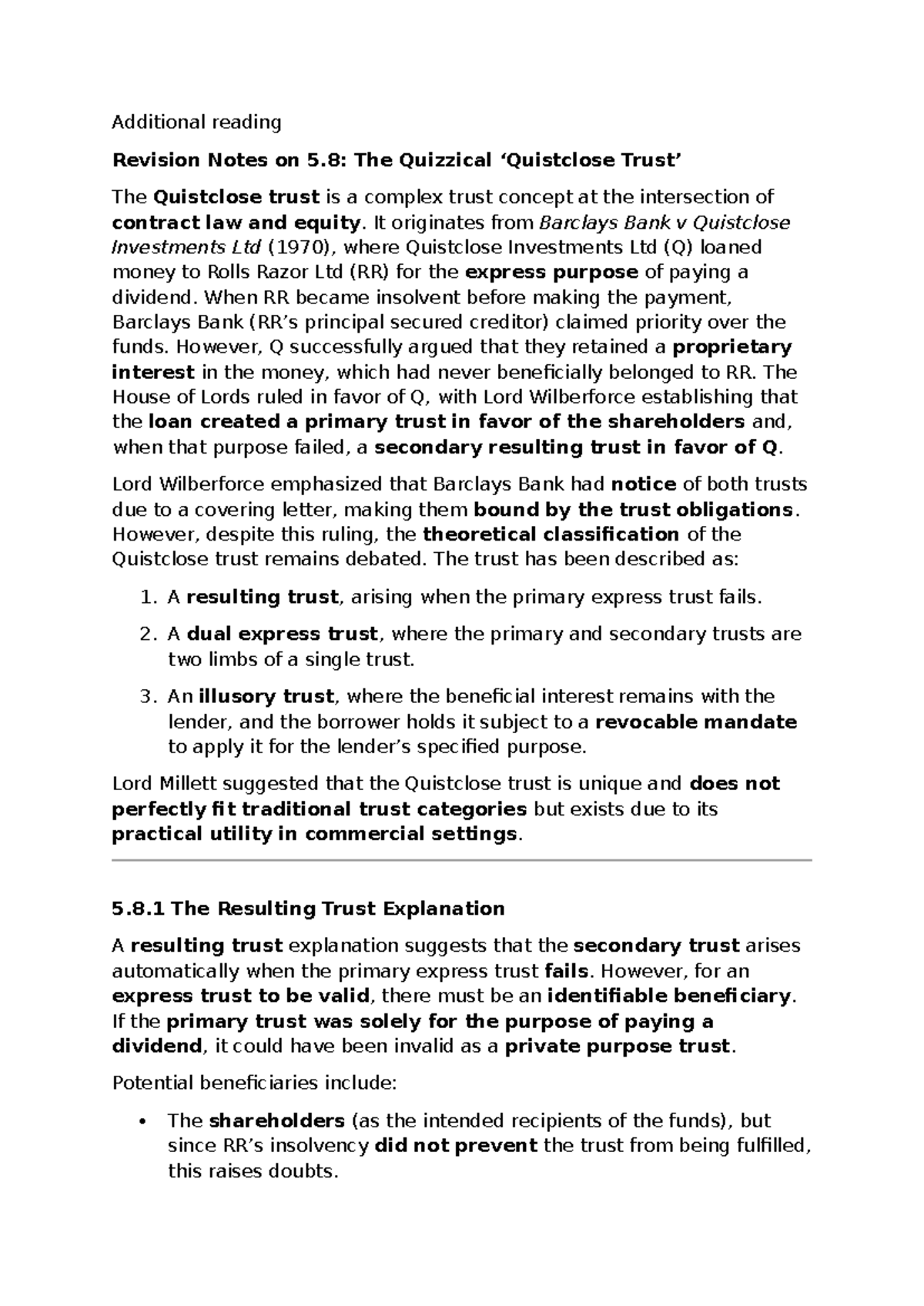 Revision Notes on 5.8: The Quizzical Quistclose Trust Explained - Studocu