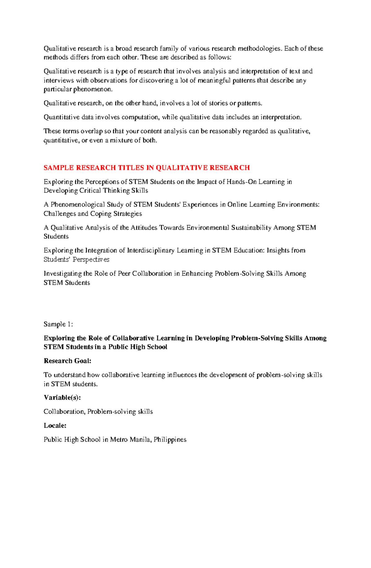Qualitative Research Title Samples for STEM Studies - Studocu