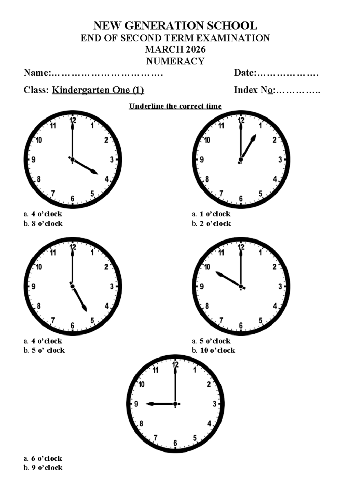 NEW GENERATION SCHOOL KINDERGARTEN END OF TERM EXAM MARCH 2026 - Studocu