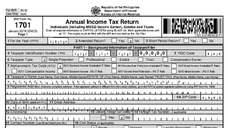 BIR Form No. 1701 Annual Income Tax Return 2022 (Final) - Studocu