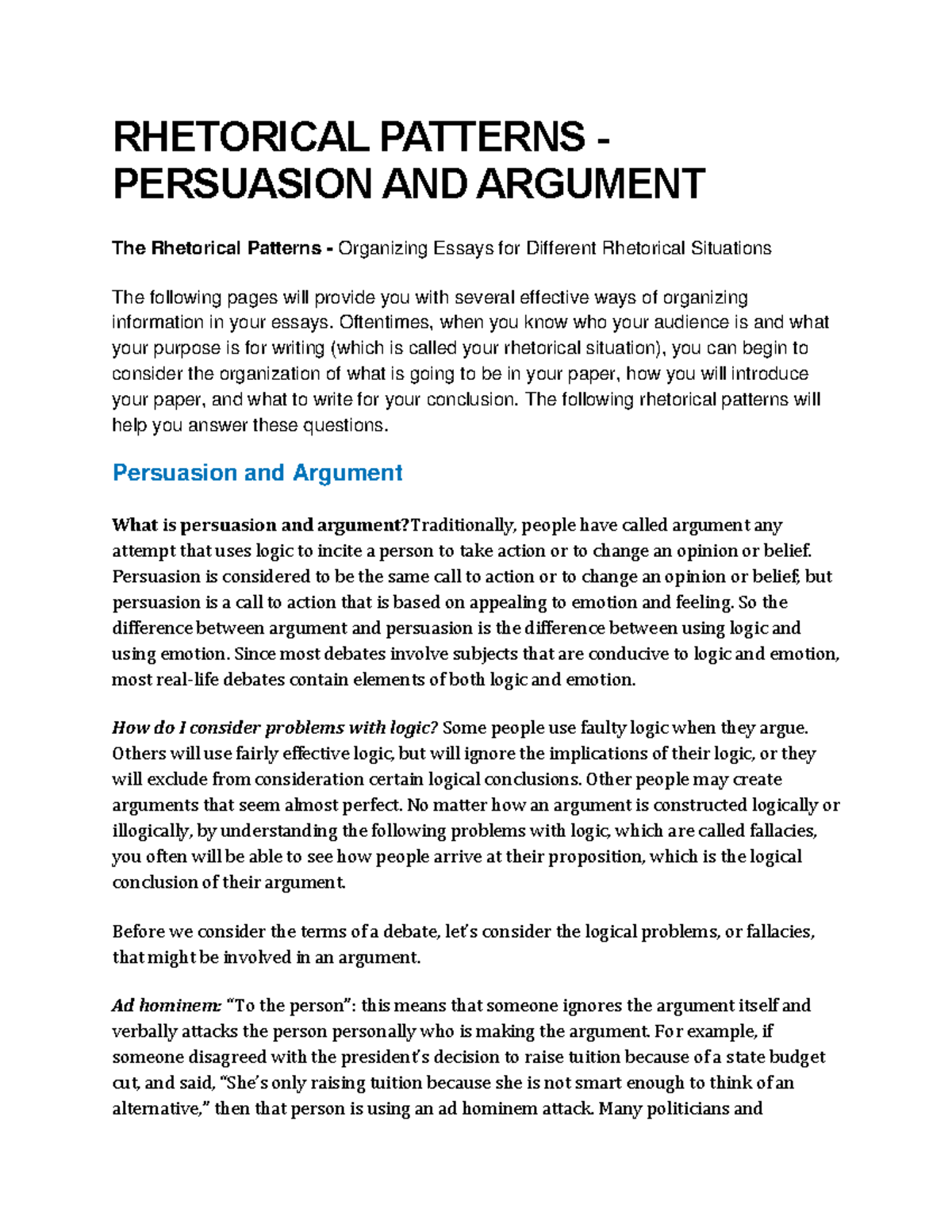 Persuasion & Argument Techniques: Rhetorical Patterns for Essays - Studocu
