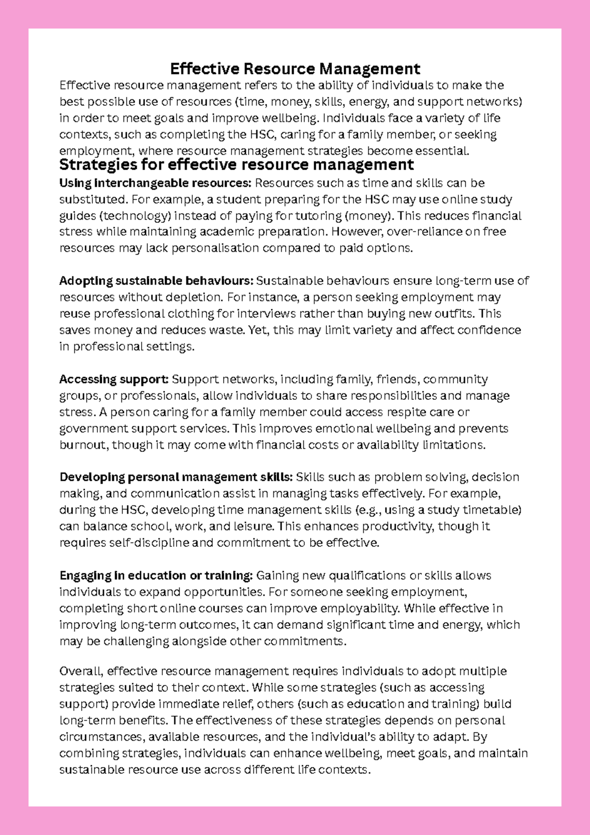 HSC Extended Response: Effective Resource Management Strategies - Studocu