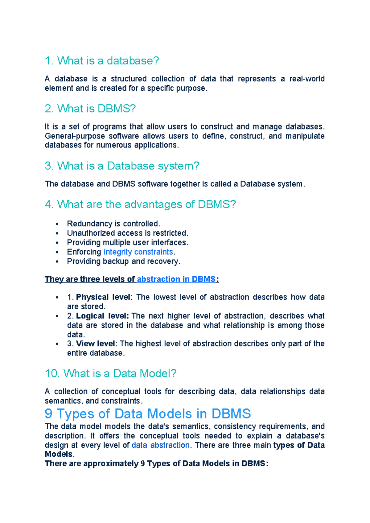 DBMS Concepts and Data Models: A Comprehensive Guide - Studocu