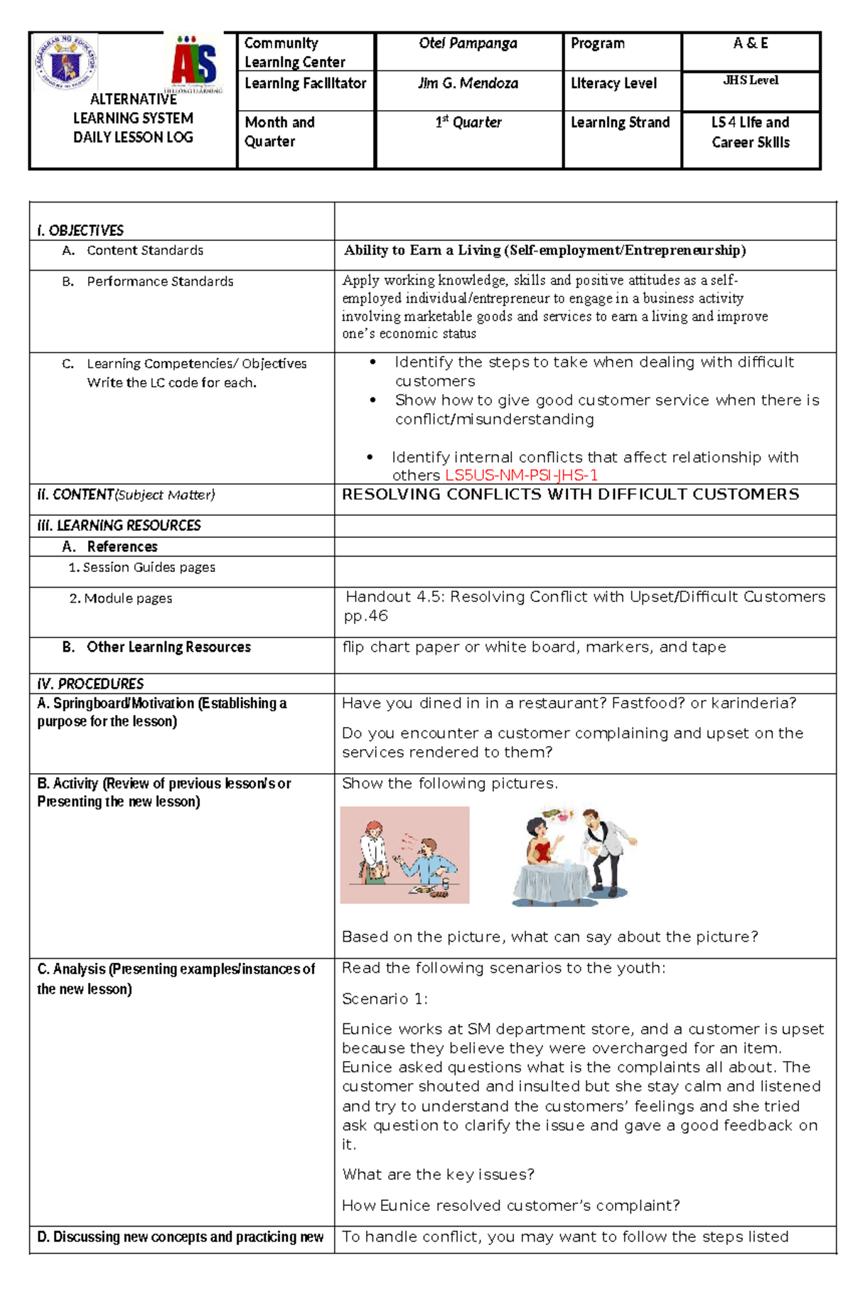 ALS Daily Lesson Log: Resolving Conflicts with Difficult Customers ...