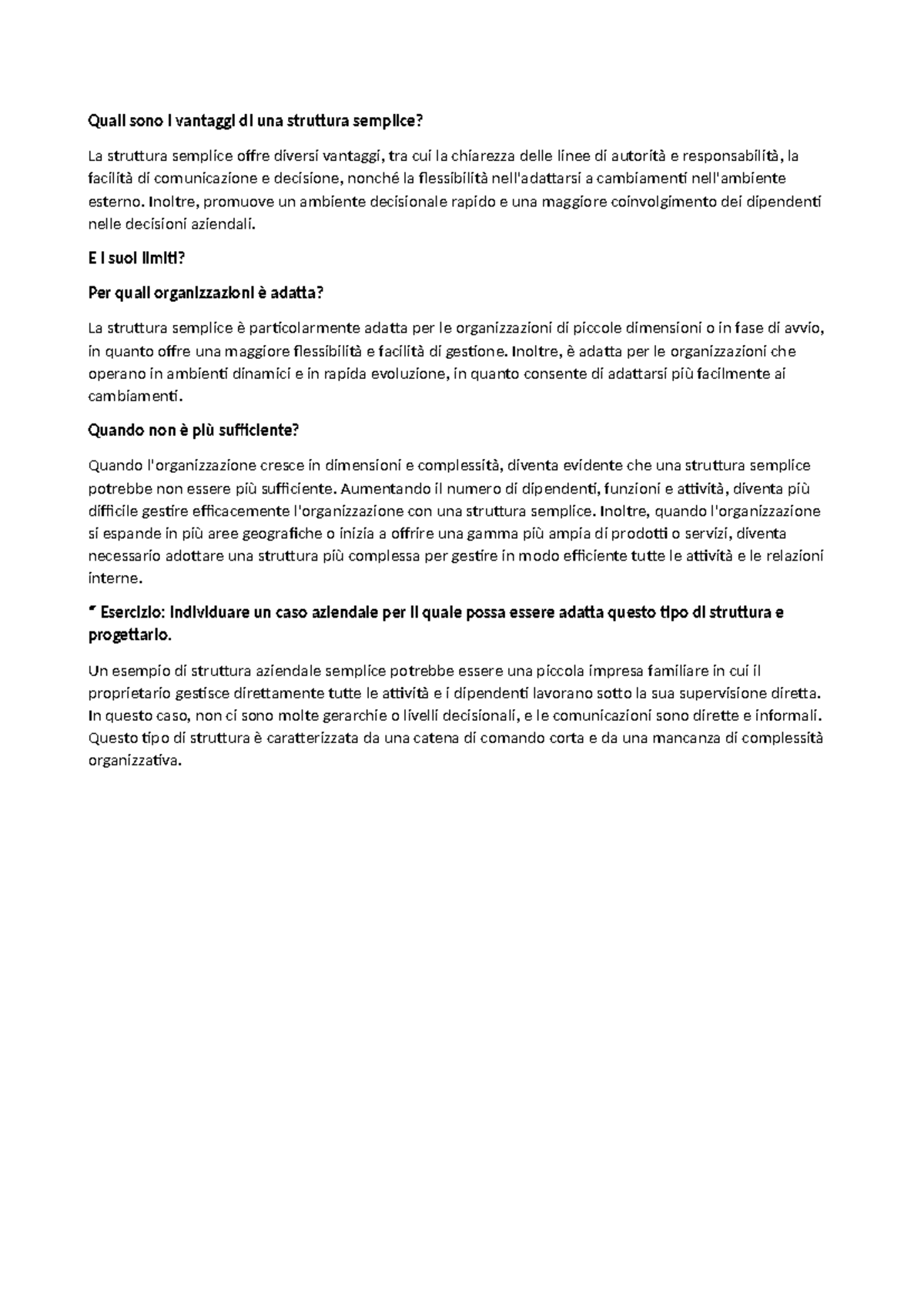 Esercizi sulla Struttura Semplice: Vantaggi e Limiti Organizzativi ...