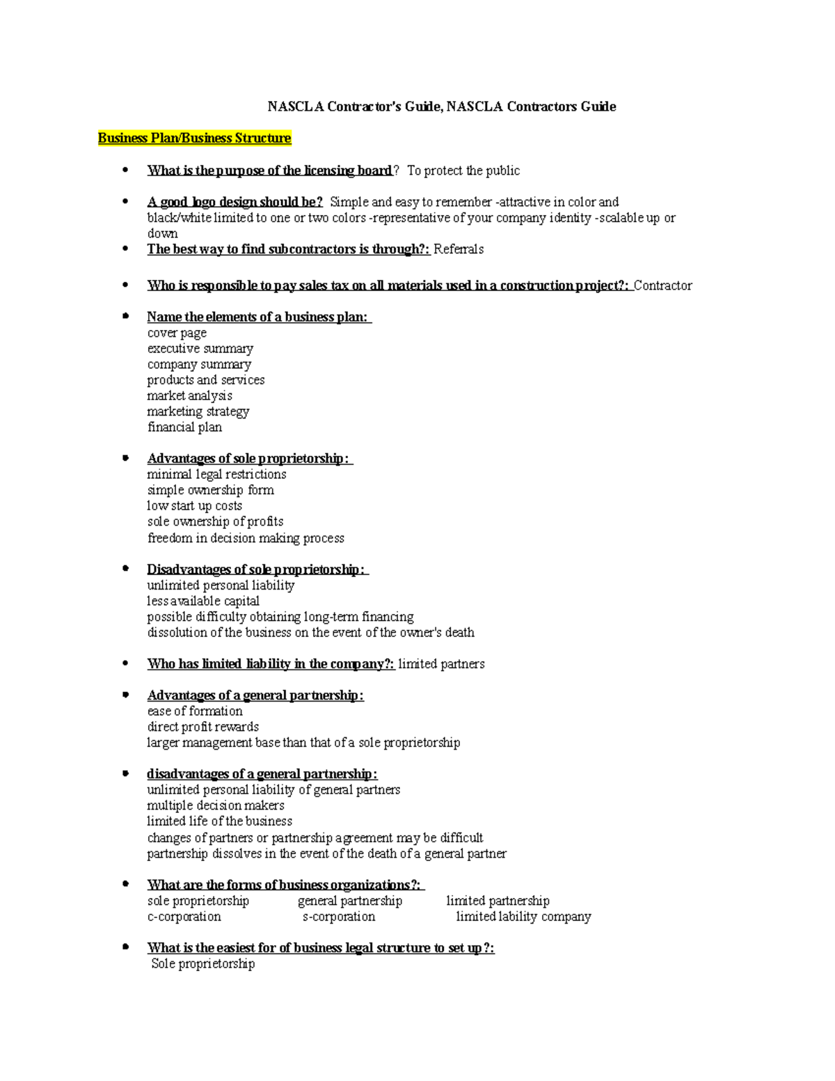 NASCLA Contractor Study Guide: Business Structures & Legal Aspects ...