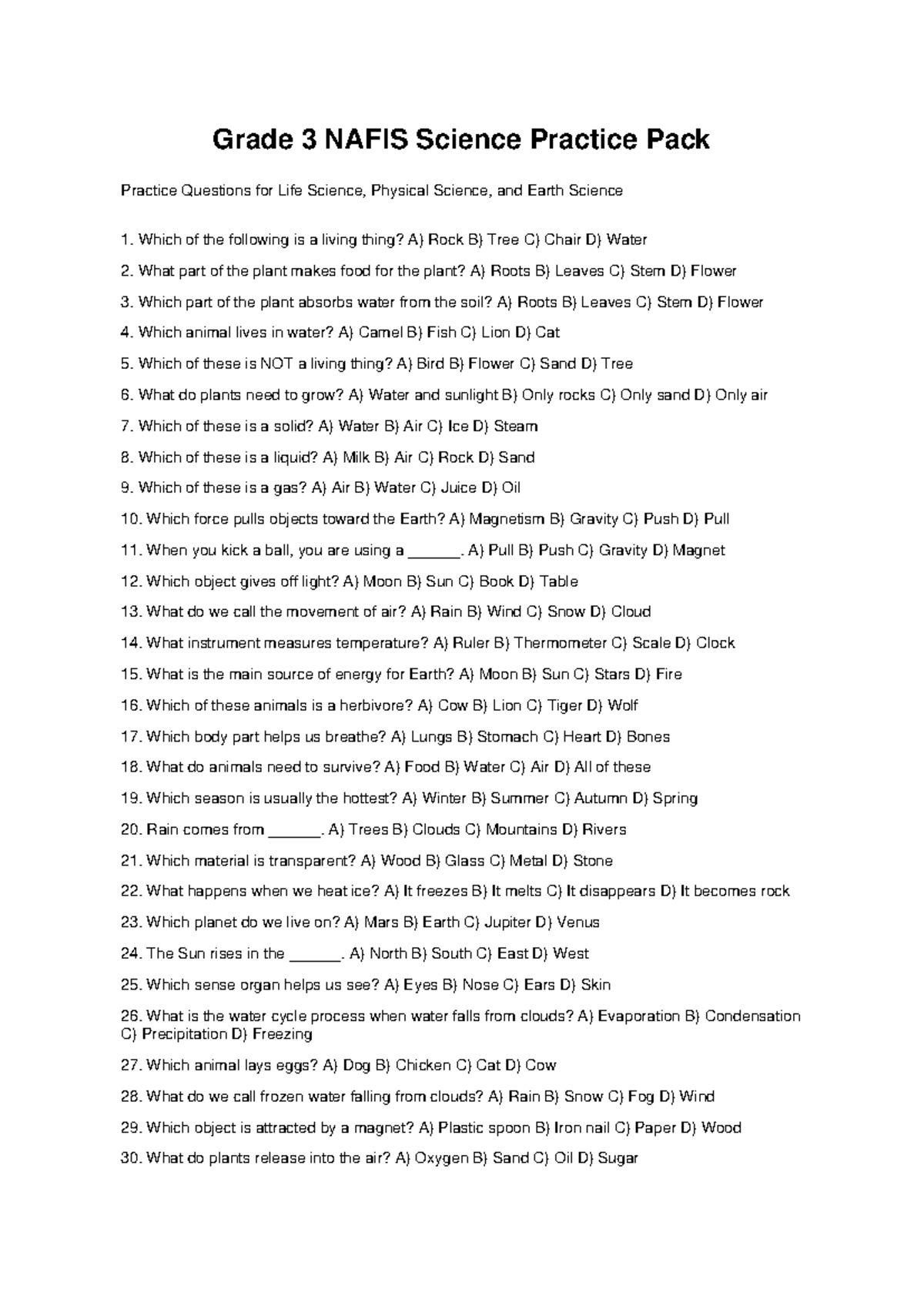 Grade 3 NAFIS Science Practice Pack: Life, Physical & Earth Science ...