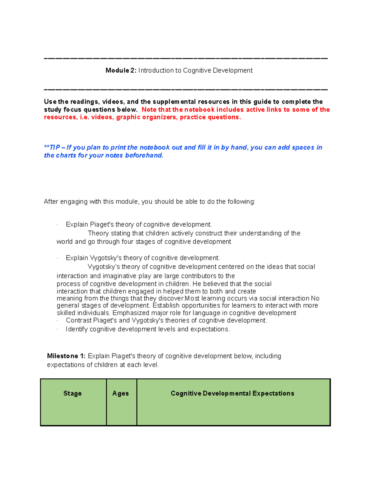 Module 2 Interactive Notebook: Cognitive Development - - Studocu