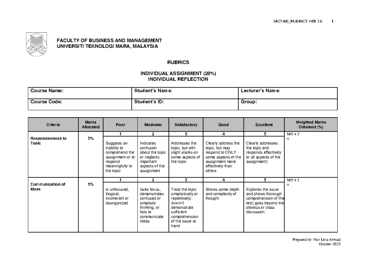 MGT400_Rubrics for Individual Assignment Reflection - Oct 2023 - Studocu