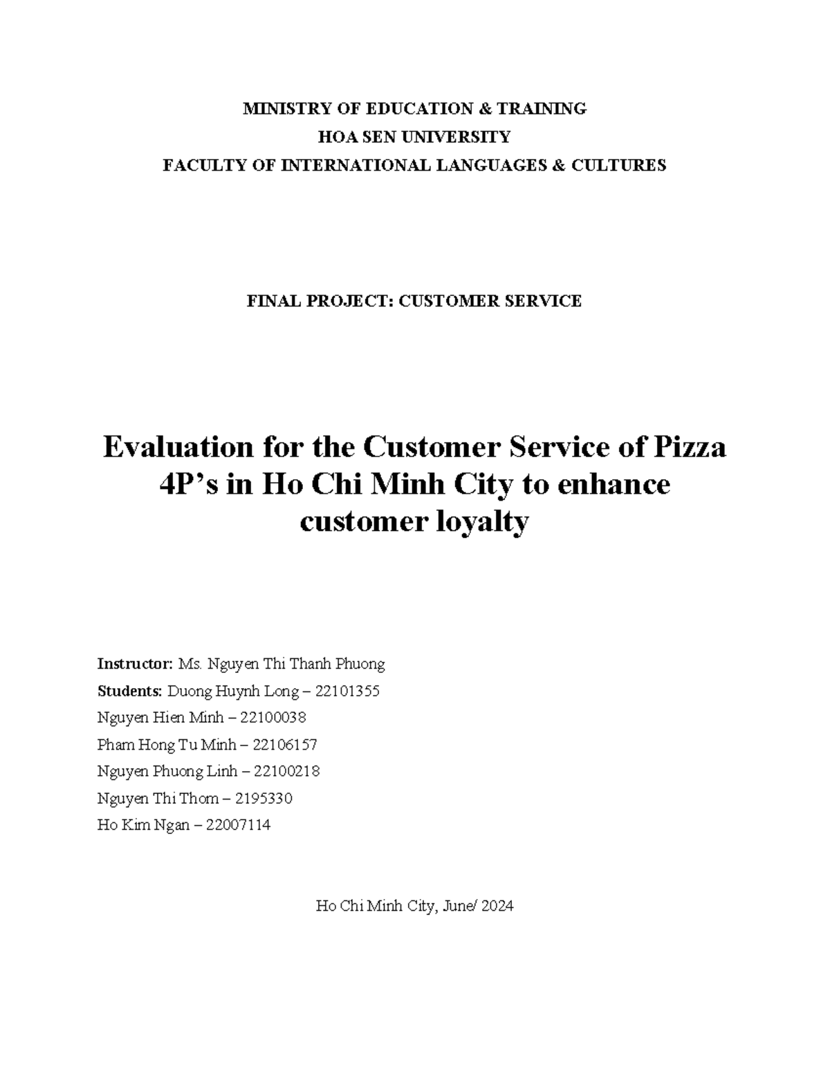 Final Project: Customer Service Evaluation of Pizza 4P's in HCMC - Studocu