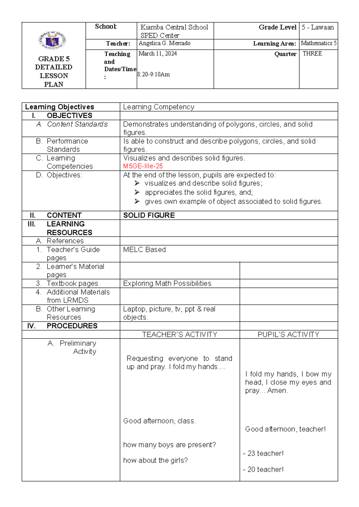 Grade 5 Math Lesson Plan: Understanding Solid Figures - POLYHEDRON - Studocu