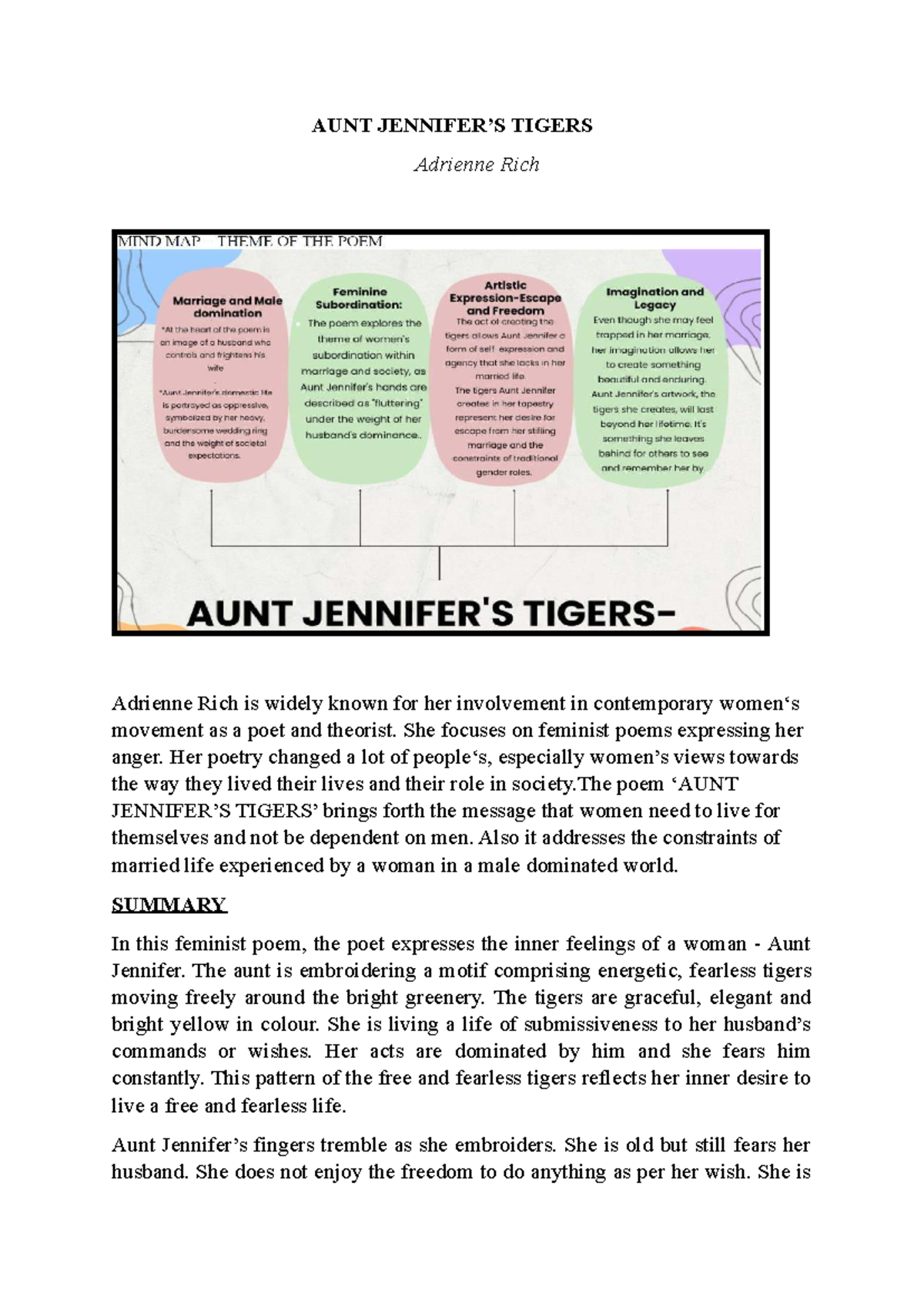 AUNT TIGERS (ENG 101) - Analysis of Adrienne Rich's Feminist Poem - Studocu