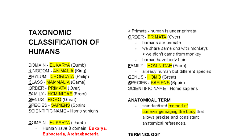 Gen Bio G12 - Taxonomic Classification of Humans and Anatomy Overview ...