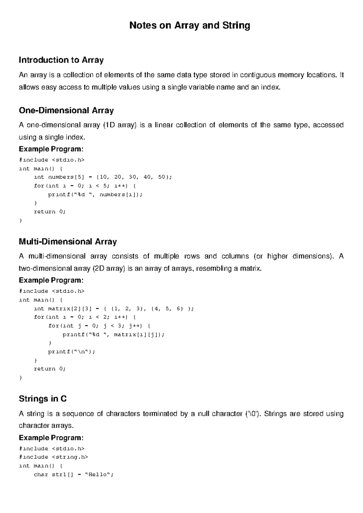 Array and String Notes: Introduction to Arrays and Strings in C - Studocu