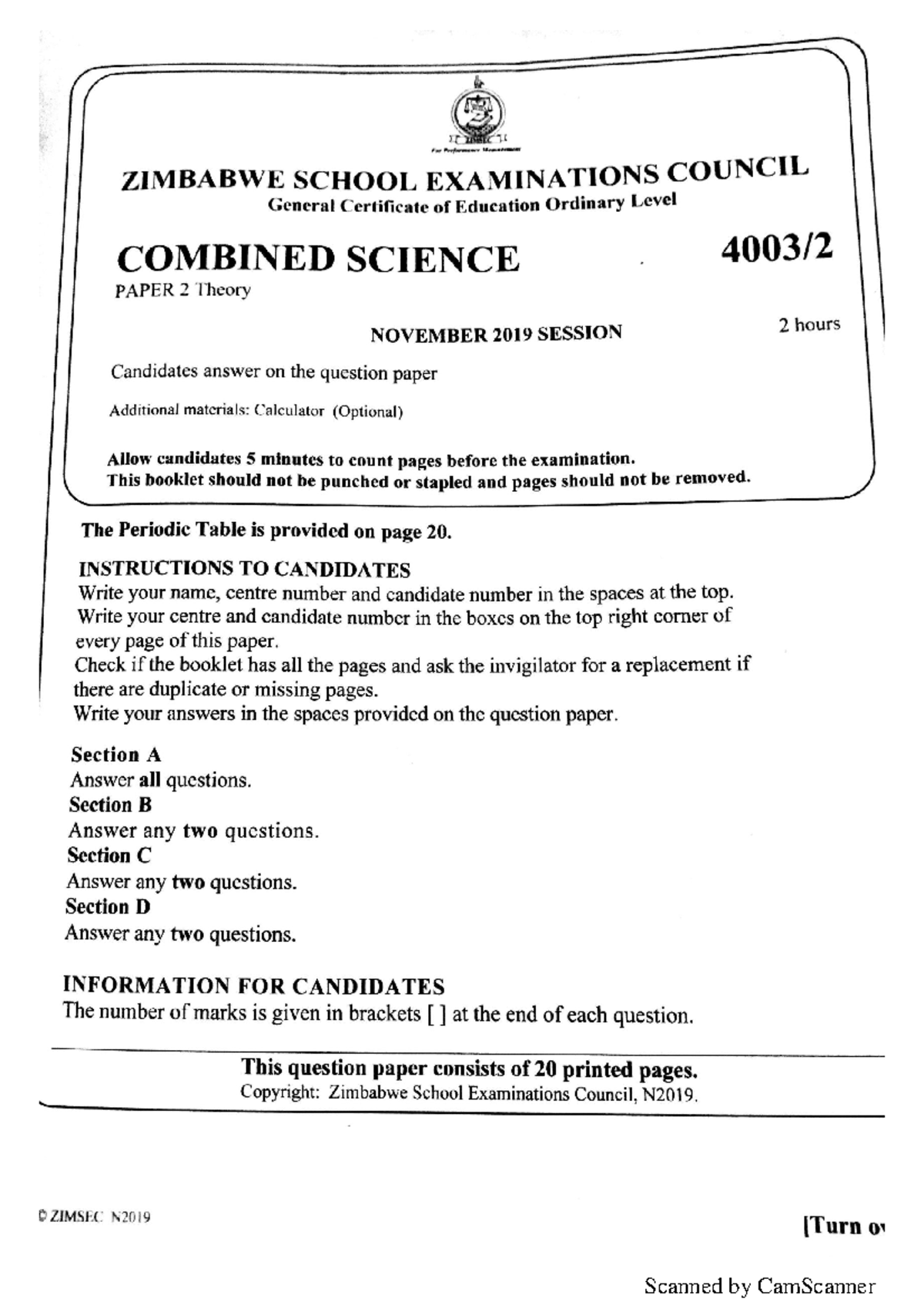 Combined Science Paper 2 (N2019) - ZIMSEC Ordinary Level Exam - Studocu
