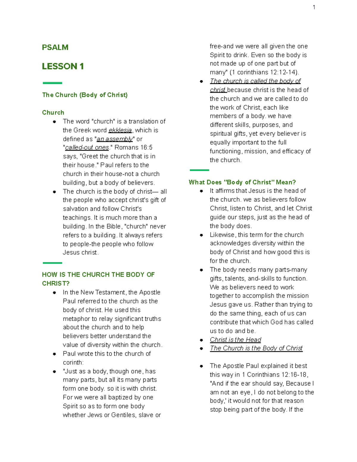 PSALM 1 - LECTURE NOTES: Understanding the Church as the Body of Christ ...