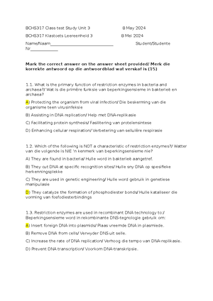 BCHS317: Molecular Biology Exam Paper 1 - June 2024 Requirements - Studocu