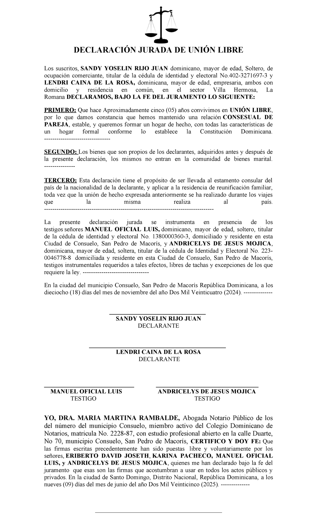 Declaración Jurada de Unión Libre - LENDRI 2024 - Studocu