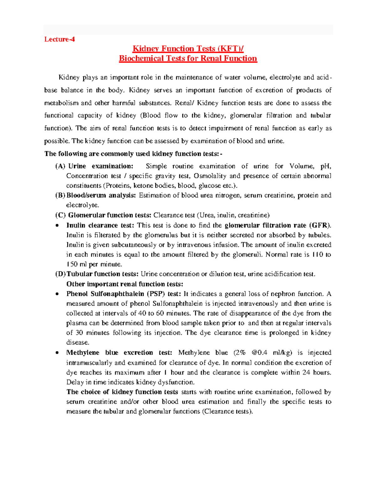L4-KFTs: Comprehensive Overview of Kidney Function Tests - Studocu