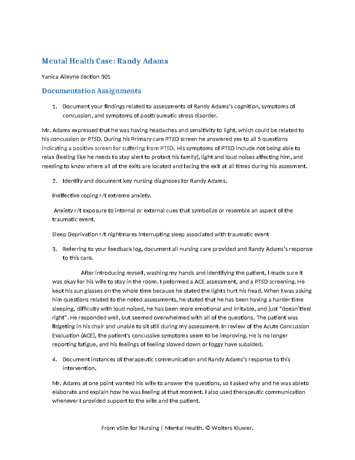 Mental Health Case Study: Randy Adams - vSim2 Documentation Analysis ...