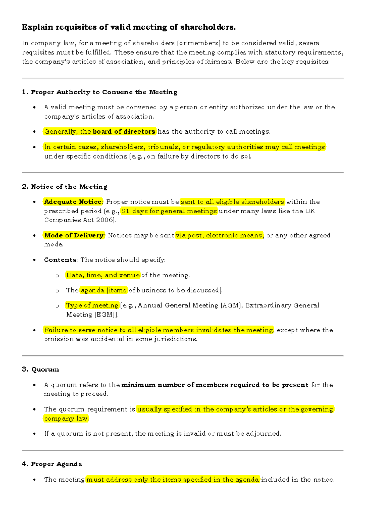 Chat GPT PYQ-Answers: Key Legal Aspects of Company Meetings - Studocu