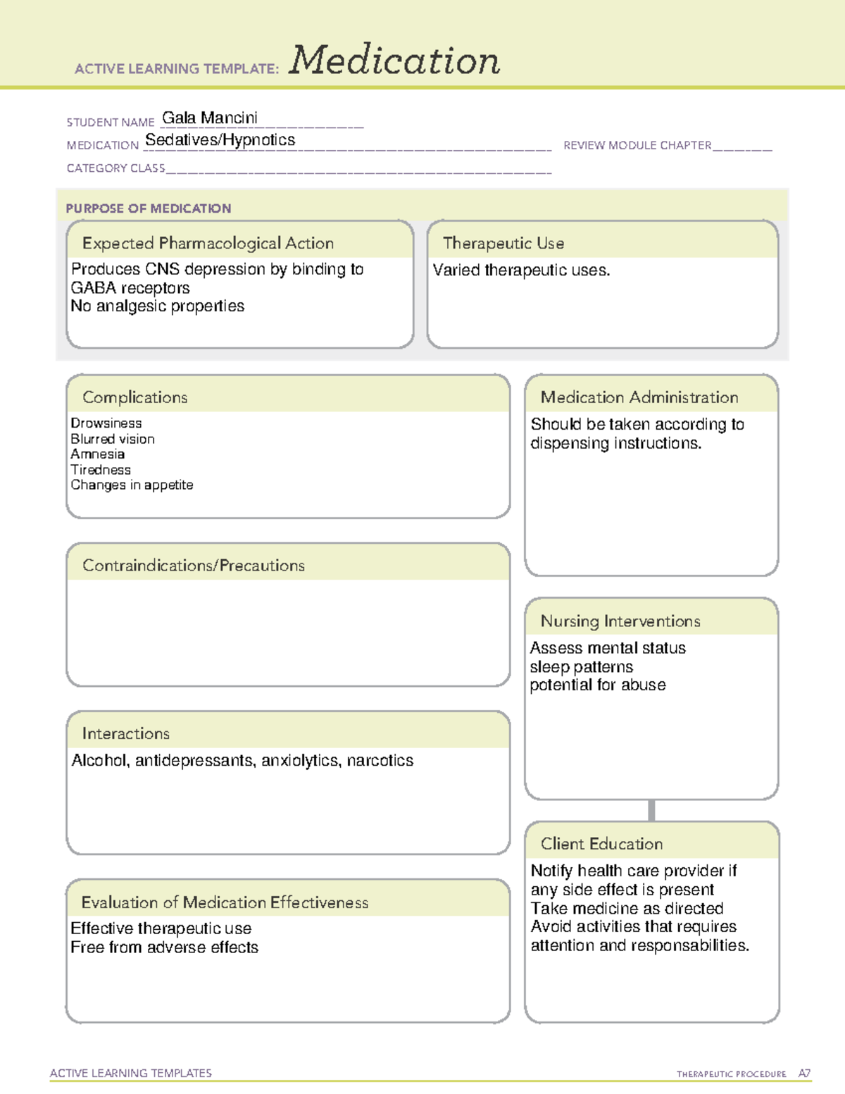 Sedatives/Hypnotics Med Template: Active Learning Overview - Studocu