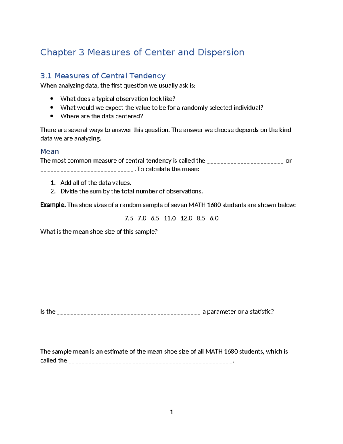 MATH 1680 Chapter 3 Notes - Chapter 3 Measures of Center and Dispersion ...
