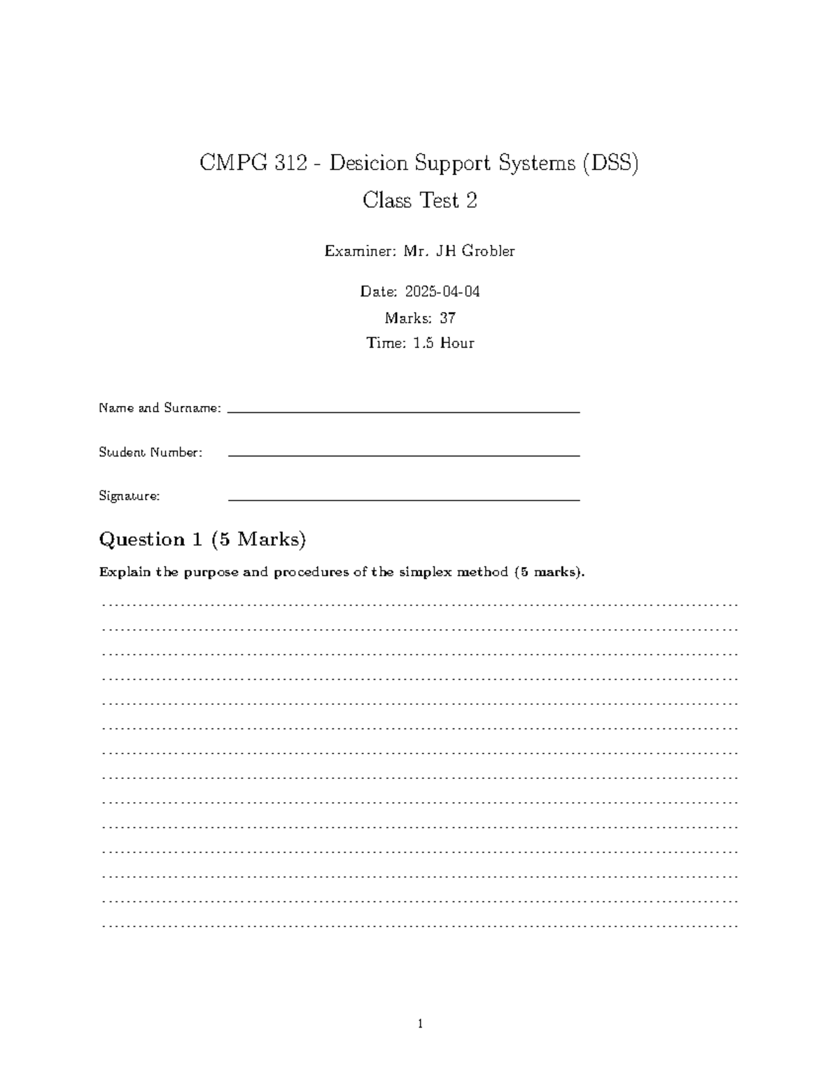 CMPG 312 Class Test 2 Distance - CMPG 312 - Desicion Support Systems ...