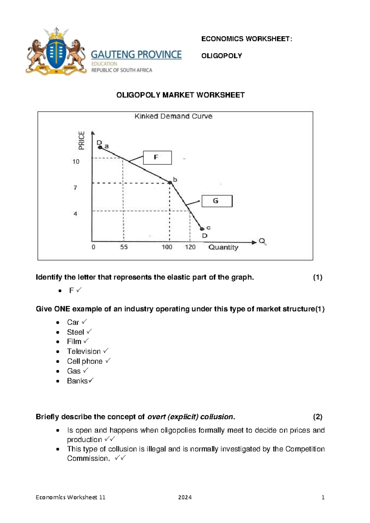 ECON 101: Oligopoly Market Worksheet & Analysis - Studocu