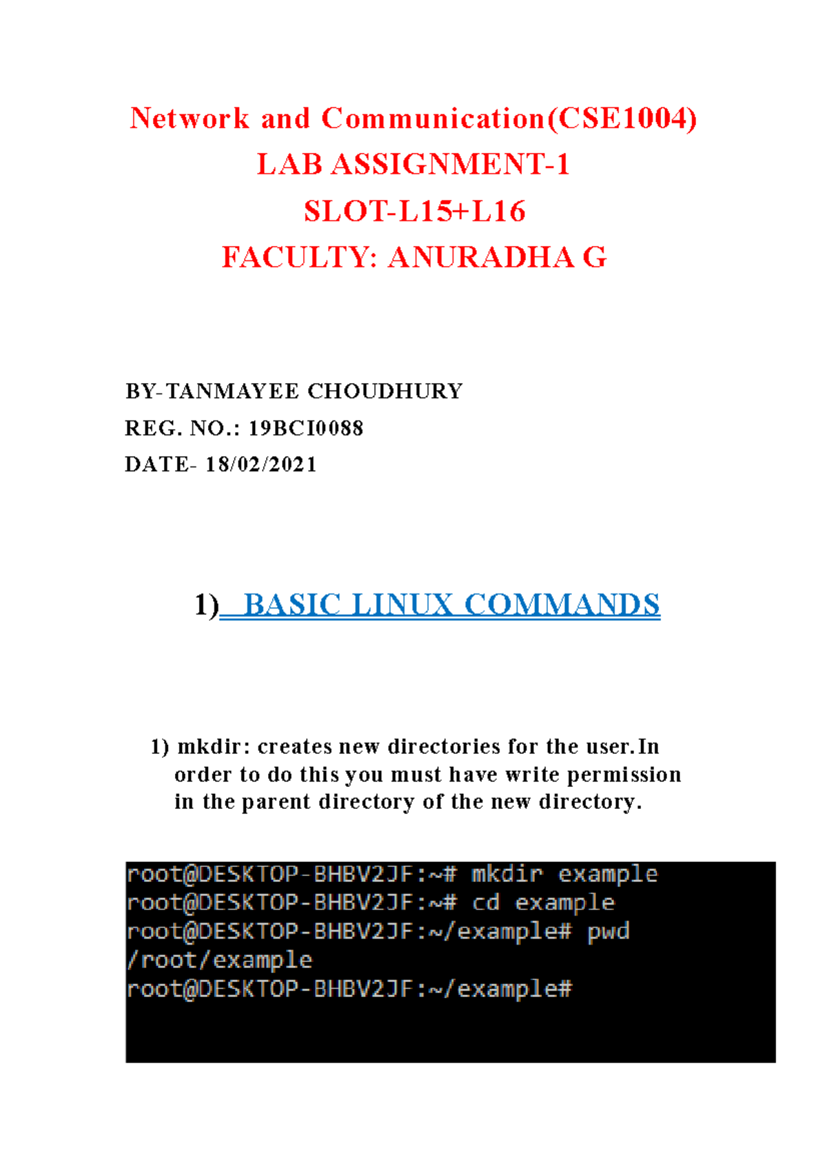 Linux Basic Commands - lab assignment - Network and Communication(CSE1004) LAB ASSIGNMENT- - Studocu