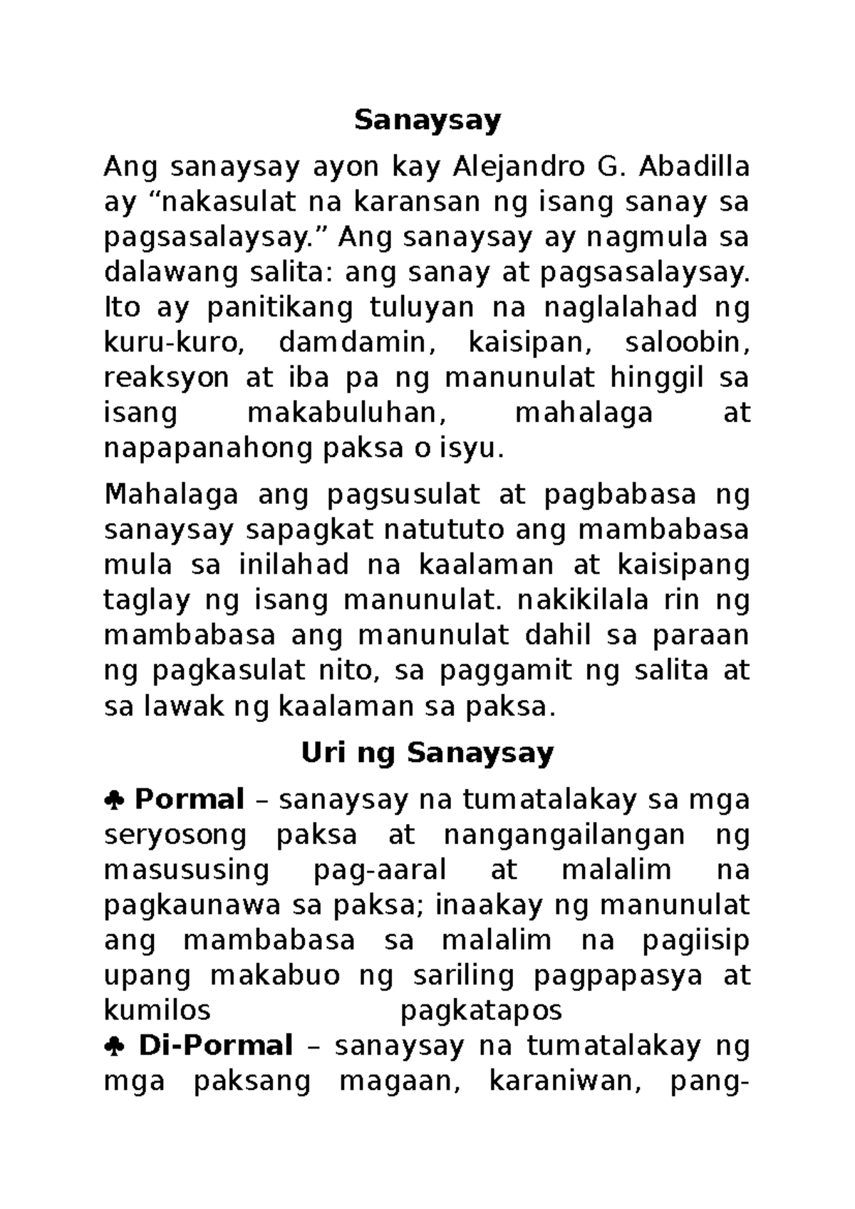 Sanaysay: Pagsusuri ng Mga Sangkap at Uri ng Sanaysay - Studocu