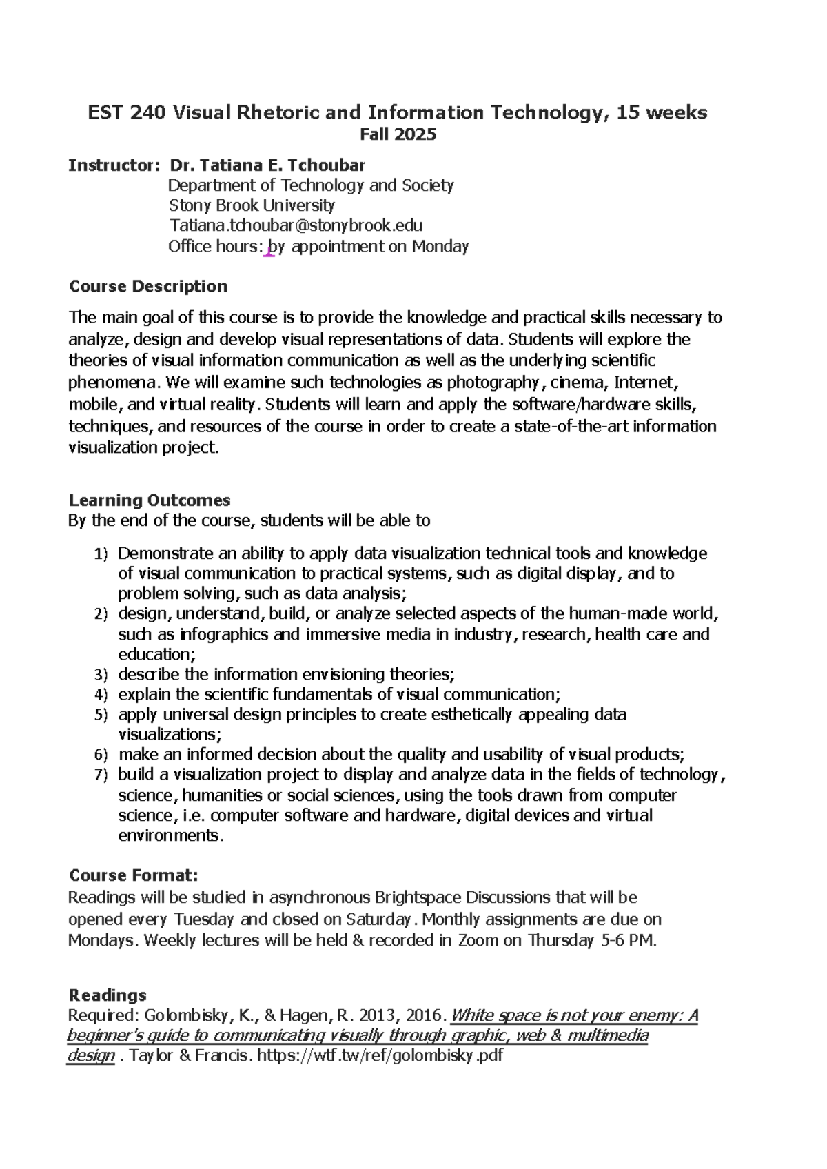 EST 240 Fall 2025 Visual Rhetoric & Information Technology Syllabus - Studocu