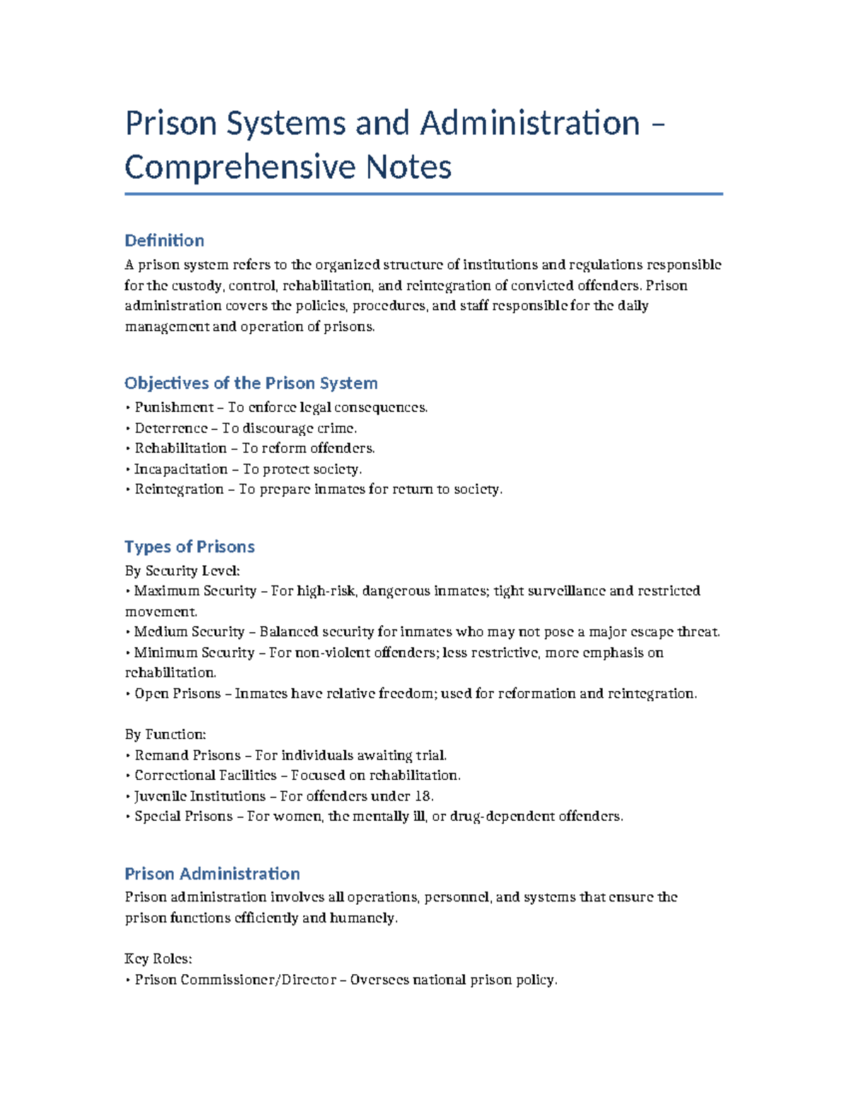 Prison Systems and Administration (PSA) Comprehensive Notes - Studocu