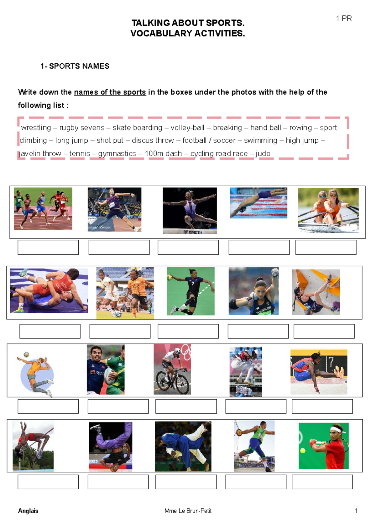Vocabulary Activities: Sports Names & Verbs - 1 PR Sports - Studocu
