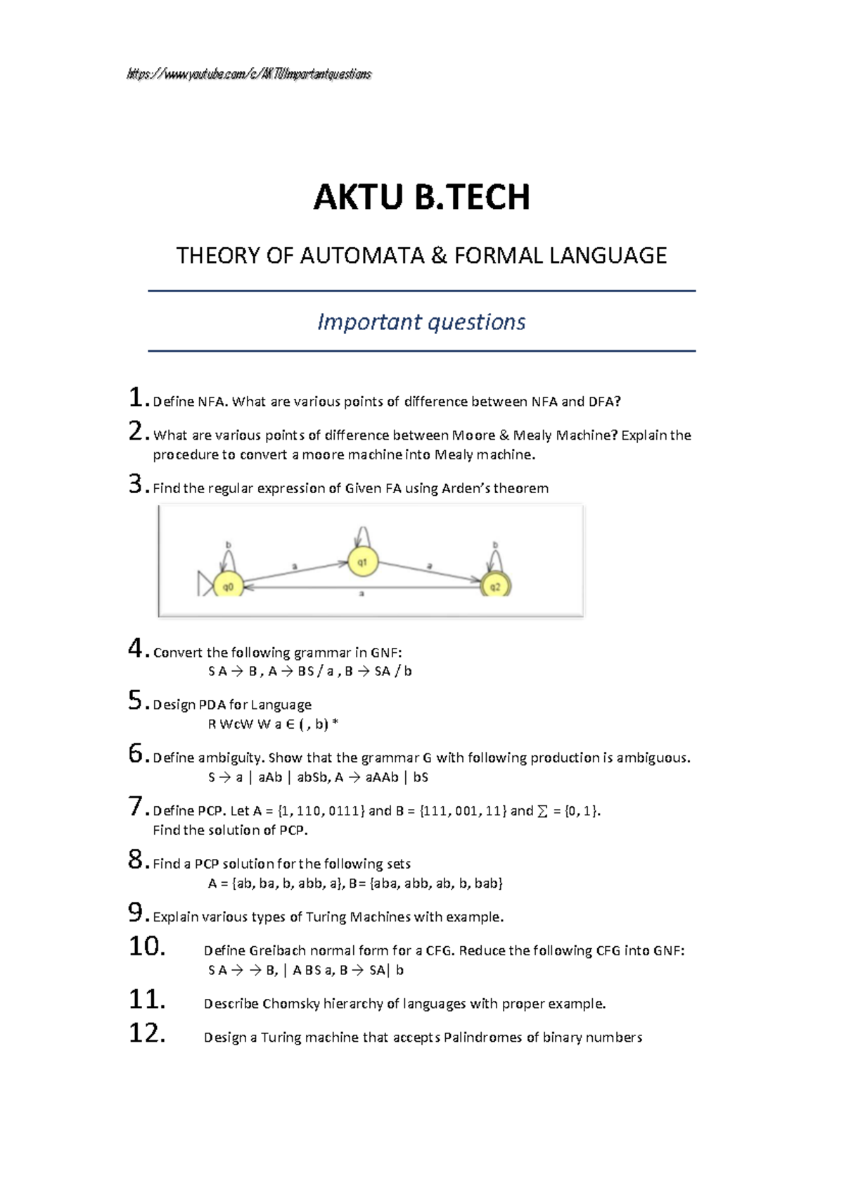 AKTU B.TECH THEORY OF AUTOMATA FORMAL LANGUAGE Important Topics Notes ...