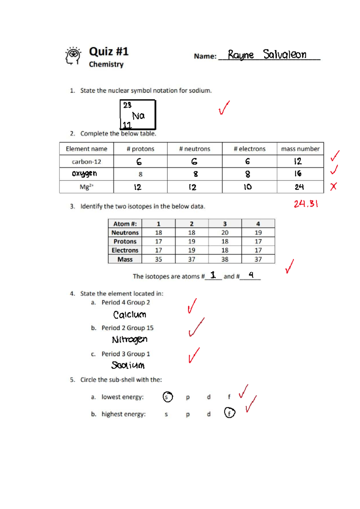 Quiz: Chemistry 1 - Nuclear Symbols and Isotopes Analysis - Studocu