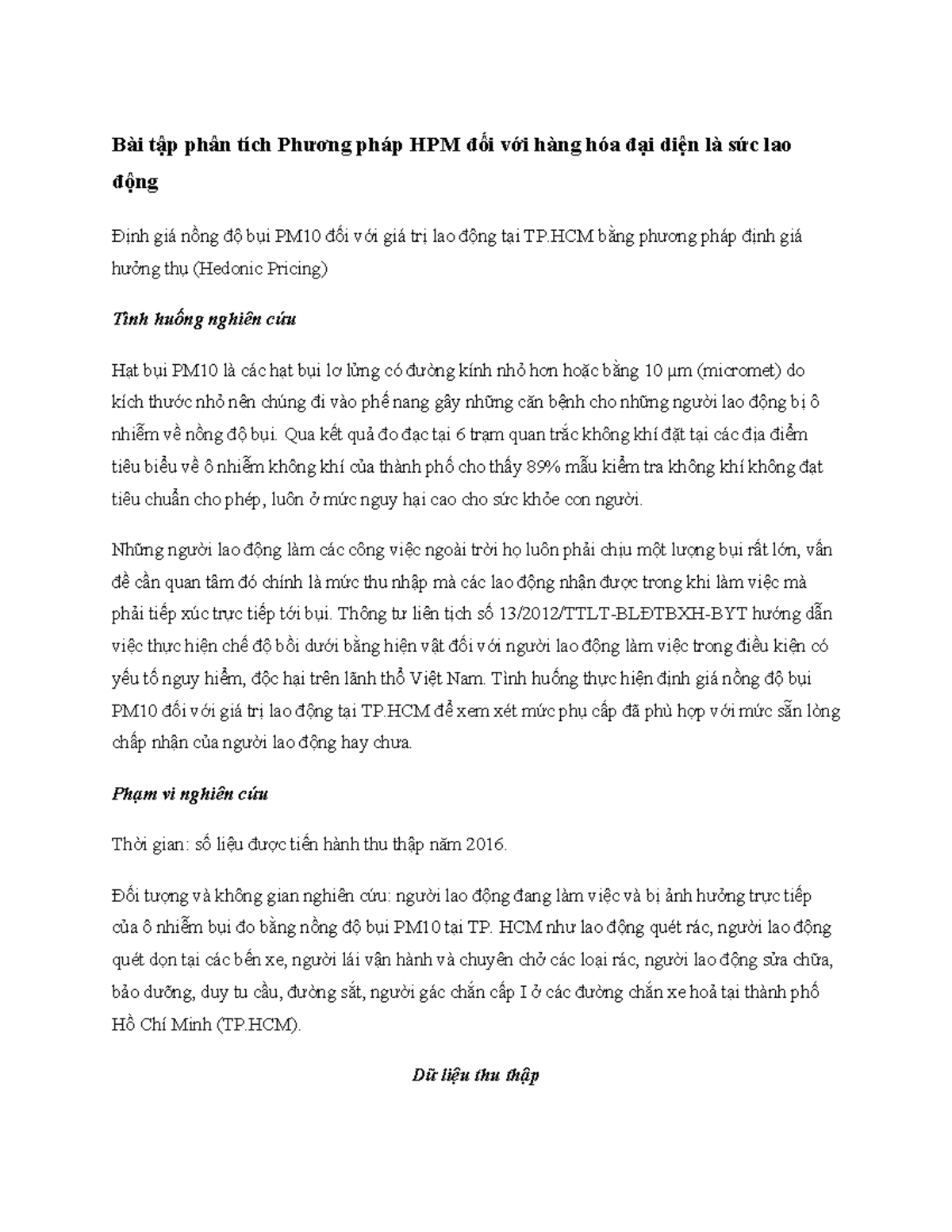 Bài Tập Phân Tích HPM: Định Giá Nồng Độ Bụi PM10 Tại TP.HCM - Studocu