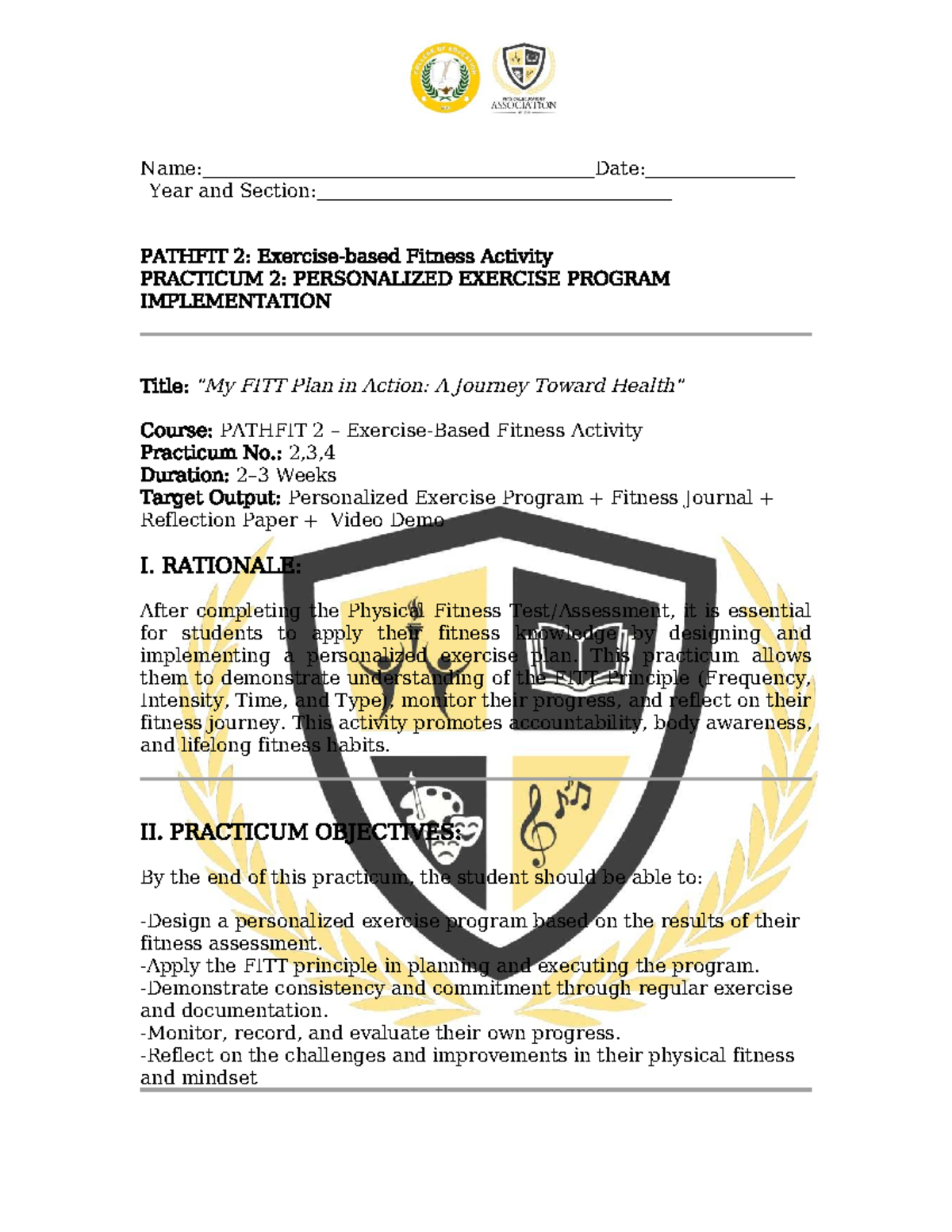 FITT Plan Implementation: PATHFIT 2 Practicum 2 Fitness Journey - Studocu