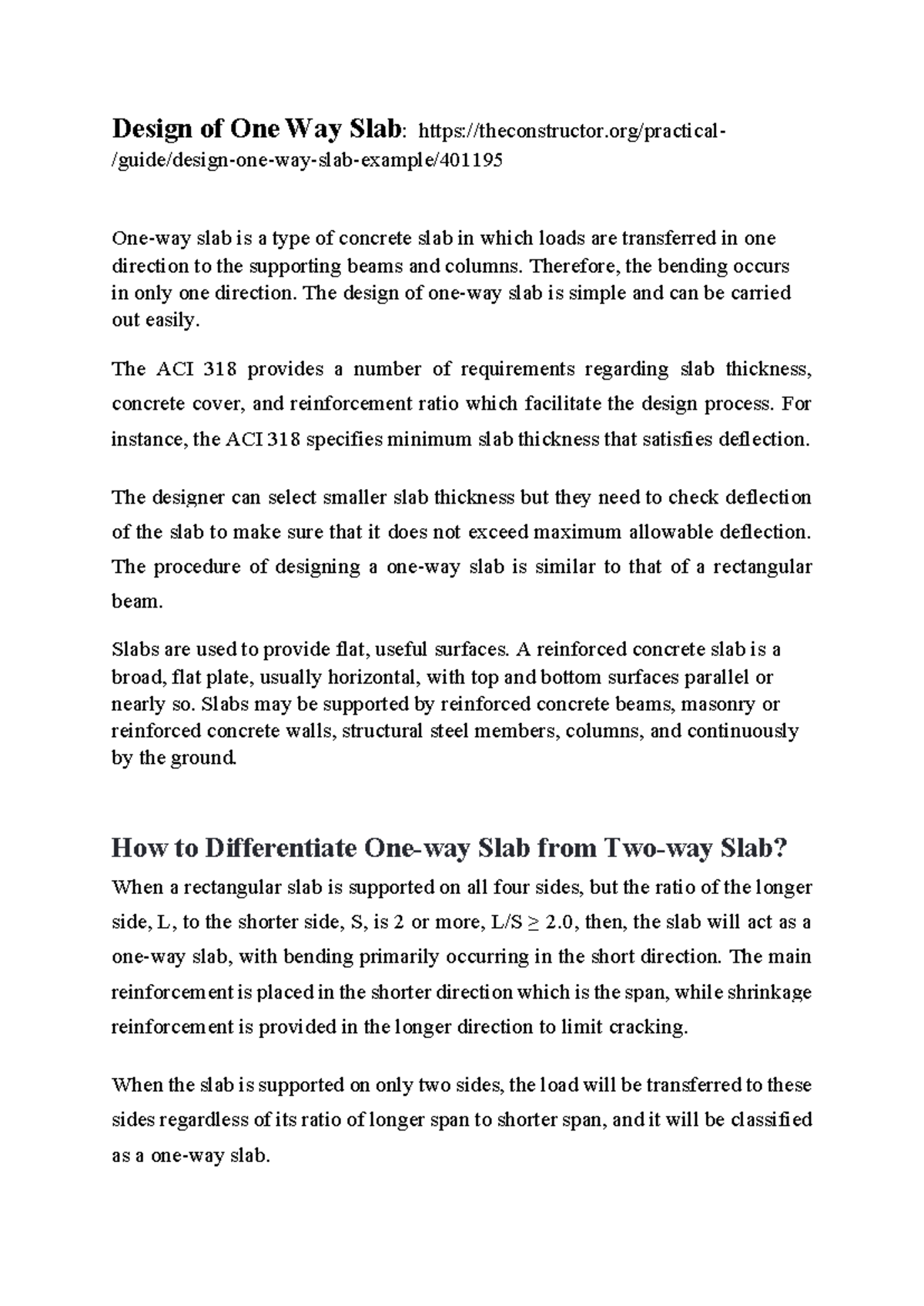 Design of One Way Slab - Reinforced Concrete (CIV 301) - Studocu
