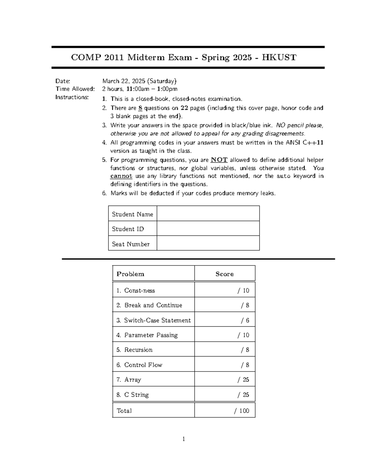 COMP 2011 Midterm Exam Questions Spring 2025 HKUST - Studocu