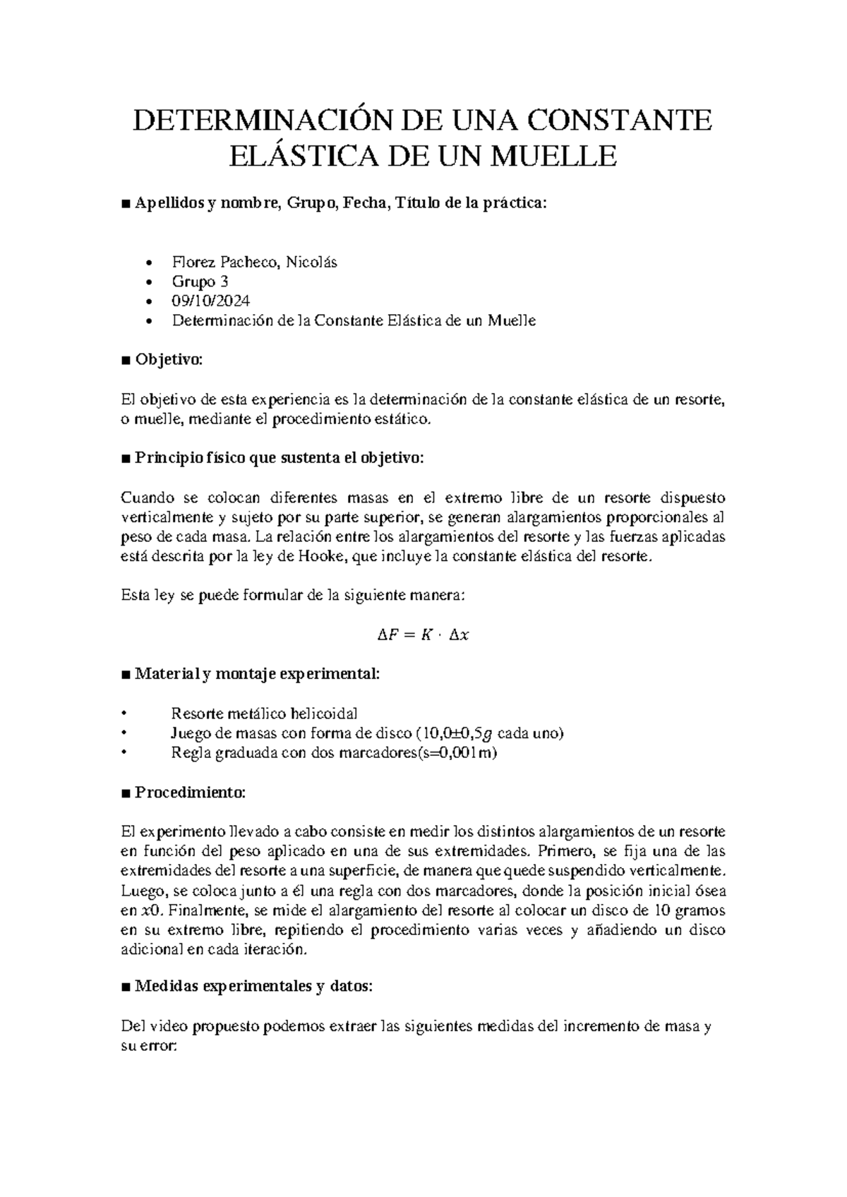 Determinación DE UNA Constante Elástica DE UN Muelle - DETERMINACIÓN DE ...
