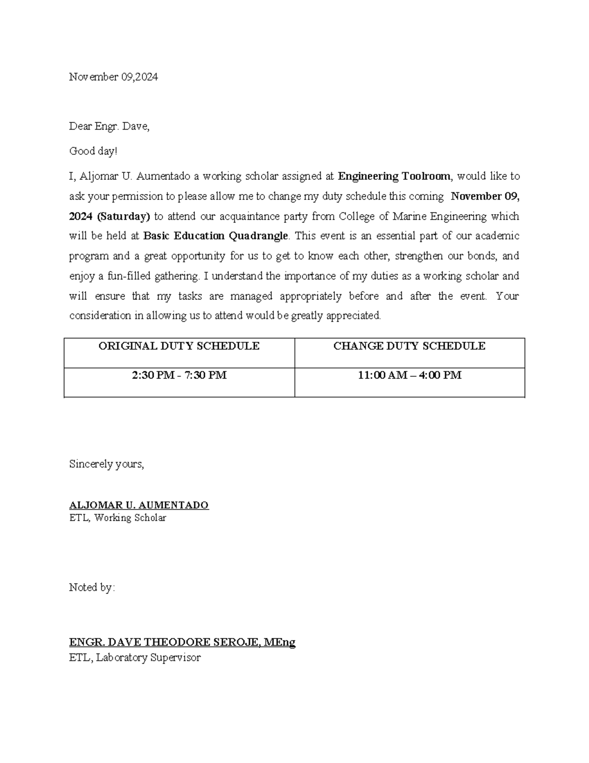 Acquaintance letter - memorable experience - November 09, Dear Engr ...